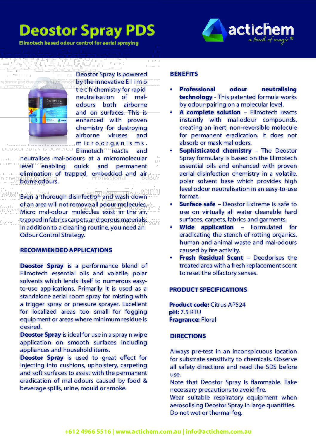 Deostor Spray | Product Data Sheet - Actichem