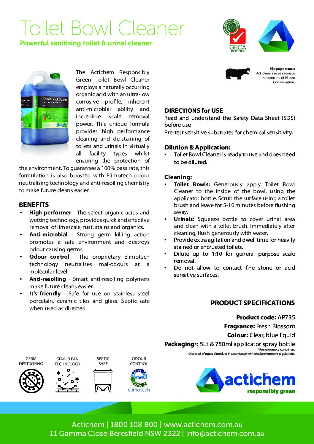 Toilet Bowl Cleaner | Product Data Sheet - Actichem
